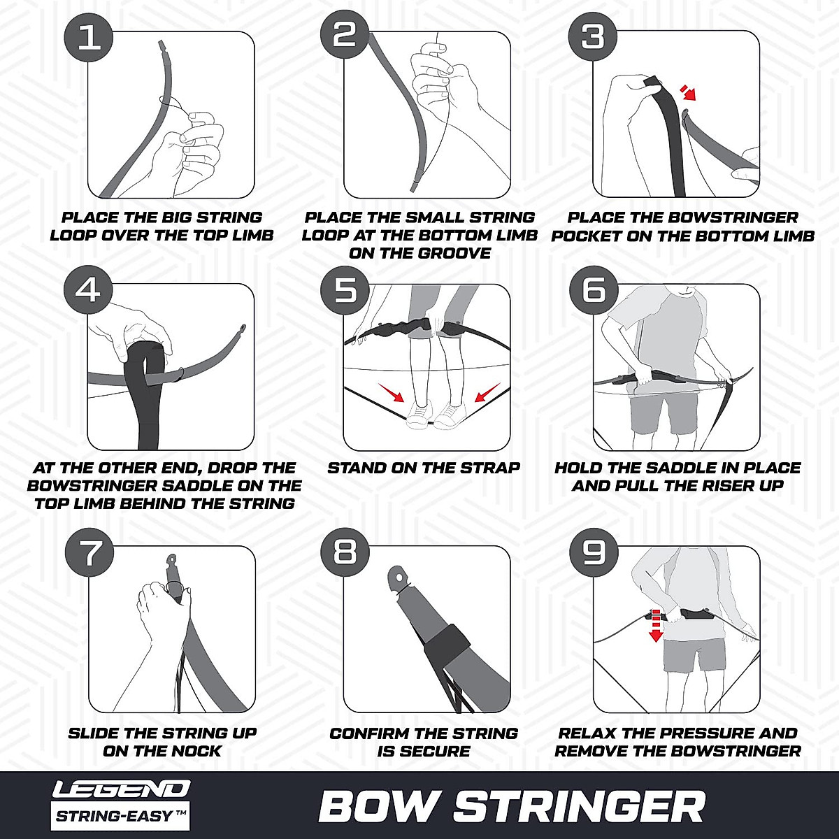 Legend String-Easy Bow Stringer - Archery Stringer for Longbows & Recurve Bows - Limb Tool with High Density, Durable Nylon - Non-Slip, Anti-Twist Bow String Tool - Bow Destringer Accessories - Black