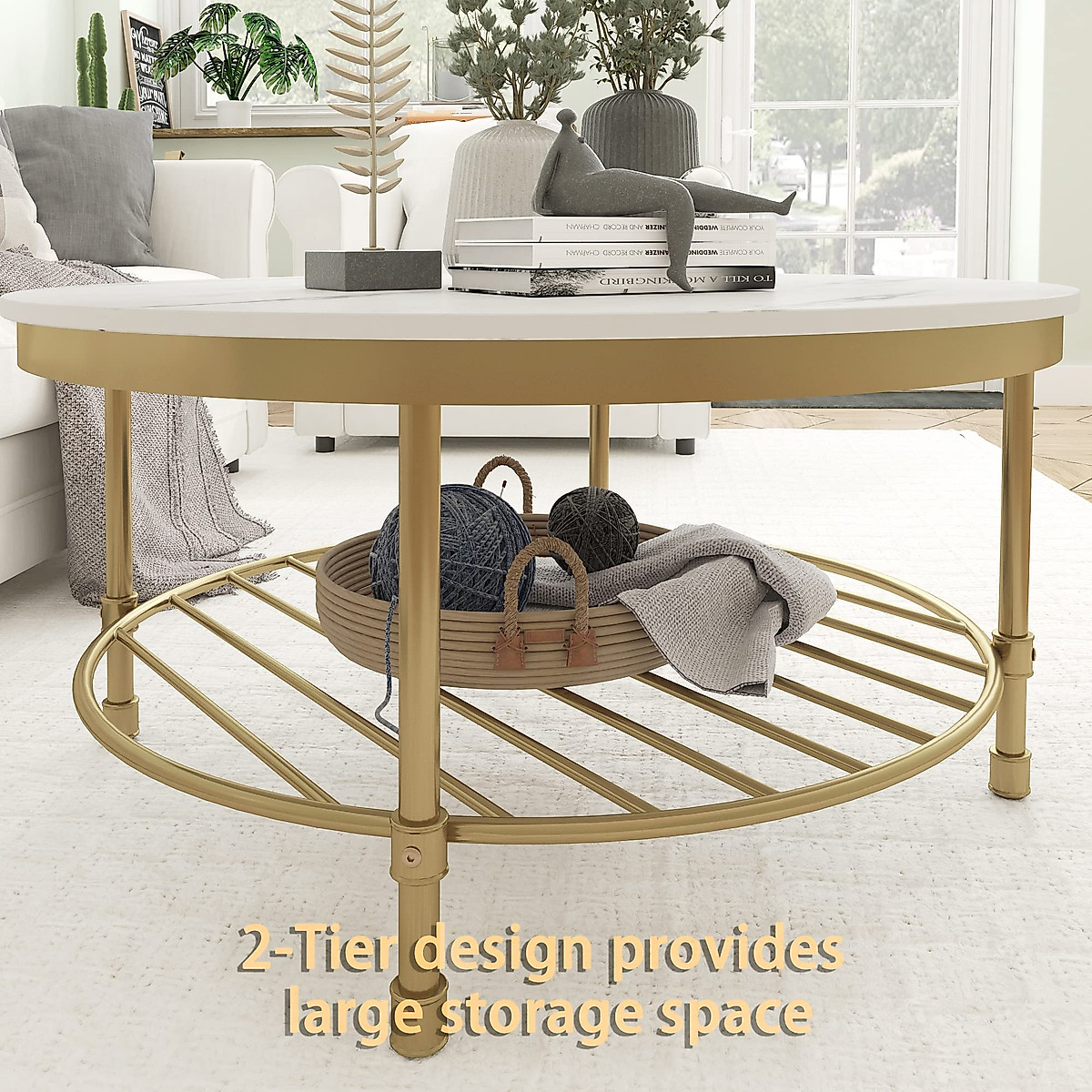 Gezen Round Coffee Table for Living Room, 2-Tier Modern Coffee Table with Open Storage Shelf, Industrial Rustic Steel Accent Table, Wooden Tabletop, Metal Frame - Marble White with Gold Frame