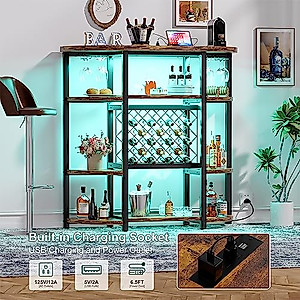 Unikito Wine Rack Freestanding Floor with Oulet and Two LED lights, 4 Tier Industrial Wine Bar Cabinet with Display Shelf, Bar Stand For Liquor, Wine Stand For Kitchen Dining Living Room, Rustic Brown