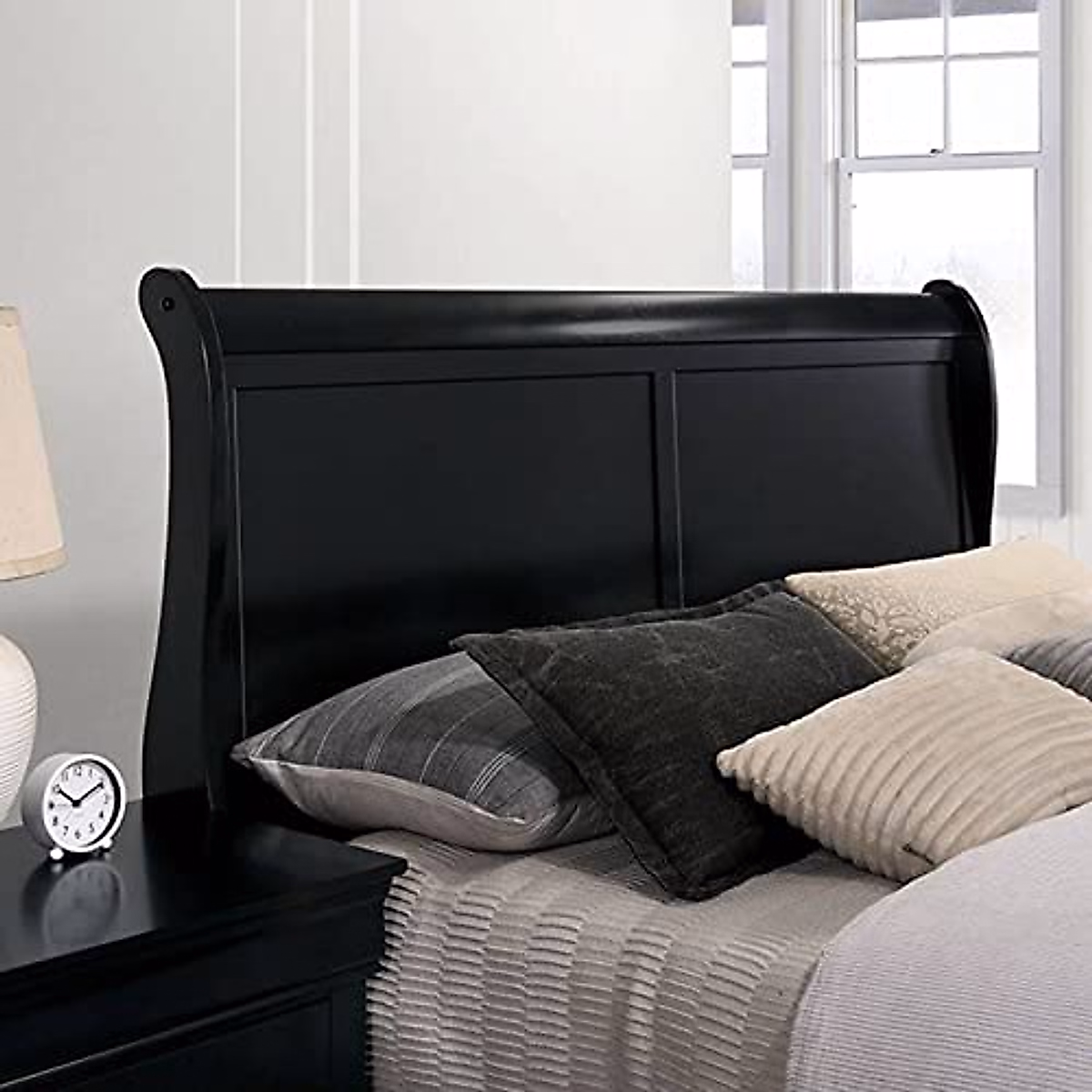 Epinki California King Size Bed Black Wood 1Pc Bed Bedroom Sleigh Bed, Bed Frame, Easy Assembly
