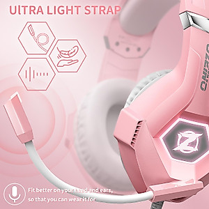 Ozeino Gaming Headset for PS4, PS5, PC, Xbox One Controller, Noise Cancelling Over Ear Headphones with Mic, LED Light, Bass Surround, Soft Memory Earmuffs -Pink