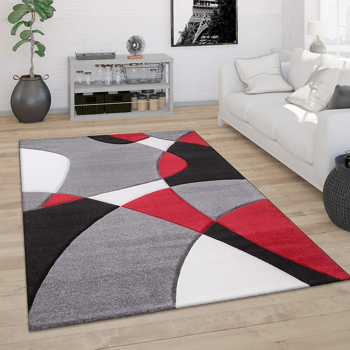 Paco Home Modern Area Rug with Artful Pattern in Red Black Grey, Size: 2'8" x 4'11"