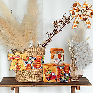 Fall Harvest Ribbon， 4 Rolls 26 Yards Thanksgiving Wired Edge Ribbons， Autumn Pumpkins Wired Edge Ribbon Fall Rustic Vintage Farm Truck Ribbon for Wreaths DIY Crafting Supplies 2.5 Inches