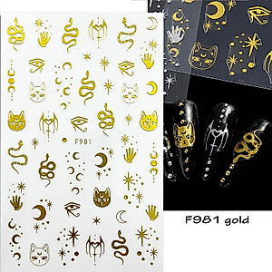 8 Sheets Gold Star Moon Nail Art Stickers Decals Snake Sun Eye Nail Stickers 3D Self Adhesive Nail Decals Design Various Patterns Nail Art Decals for Women DIY Manicure Decoration Supplies