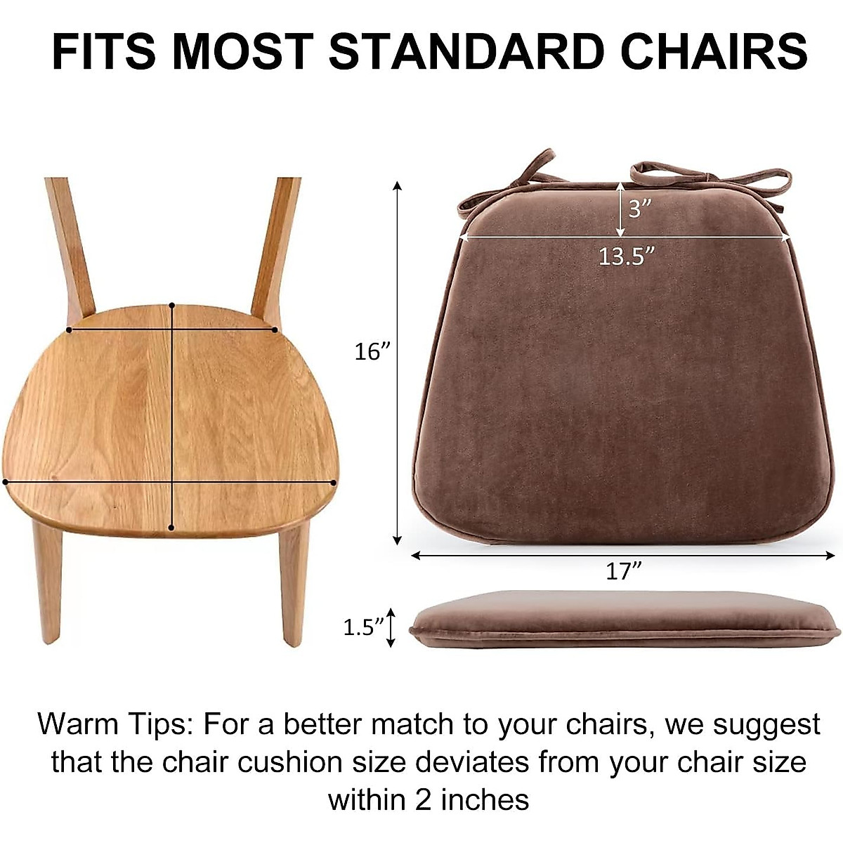 Wellsin Chair Cushions for Dining Chairs 4 Pack, Memory Foam Seat Cushions for Kitchen Chairs, 17"x16"x1.5" Kitchen Chair Cushions with Ties,Brown