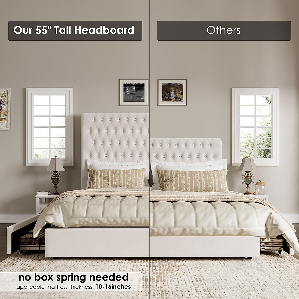 King Size Bed Frame 55" Tall Headboard with Gorgeous Button Tufted and Nail, Velvet Fabric Upholstered Bed Frame includes 4 Under-bed Storage Drawers, Wooden Slats, Noise-Free, Easy Assembly, Beige