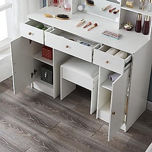 JBLCC Makeup Vanity Desk with Lights Mirror, Large Vanity Desk with Storage Shelf & Drawers,Makeup Vanity Dressing Table with Cushioned Stool for Bedroom (jbl 3072)