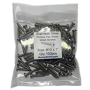 #10 x 1 Stainless Steel Pan Head Sheet Metal Screws, Full Thread, Phillips Drive, Bright Finish, Self-Tapping, Quantity 100 Pieces by Marine Bolt Supply
