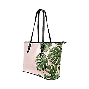 InterestPrint Hawaiian Tropical Leaves Monstera on Pink Women's Leather Handbags Ladies Shoulder Bag Tote Bags