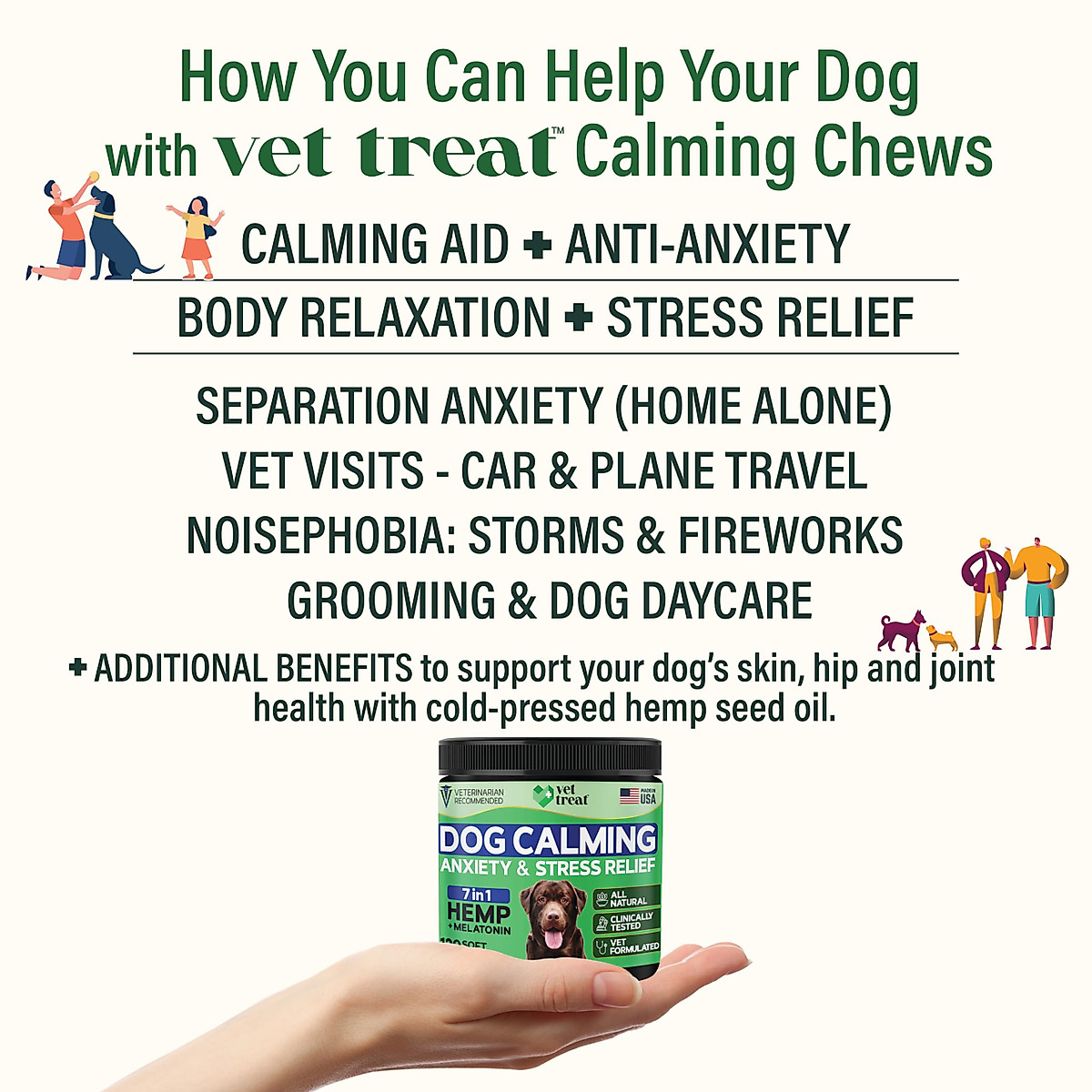 Hemp Calming Chews for Dogs - Dog Anxiety Relief -Made in USA- Hemp Oil + Melatonin Treats - Separation Anxiety, Barking, Travel - Dog Calming Chews - 120 Soft Treats (Chicken)