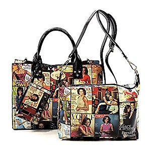 Glossy Magazine Cover Collage 3-in-1 Shoulder Bag Hobo Michelle Obama Handbag (3-Mulit)