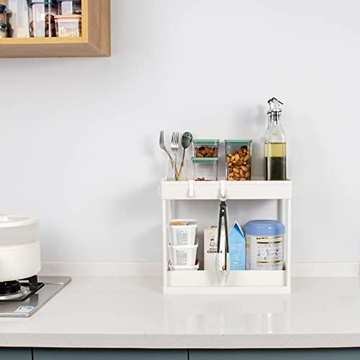 Under Sliding Cabinet Basket Organizer, 2-Tier Kitchen Under Sink Storage Drawer Rack Organizer Dust-proof Water-proof, Expandable Under Sink Organizer with 2 Cups and 4 Hooks, White