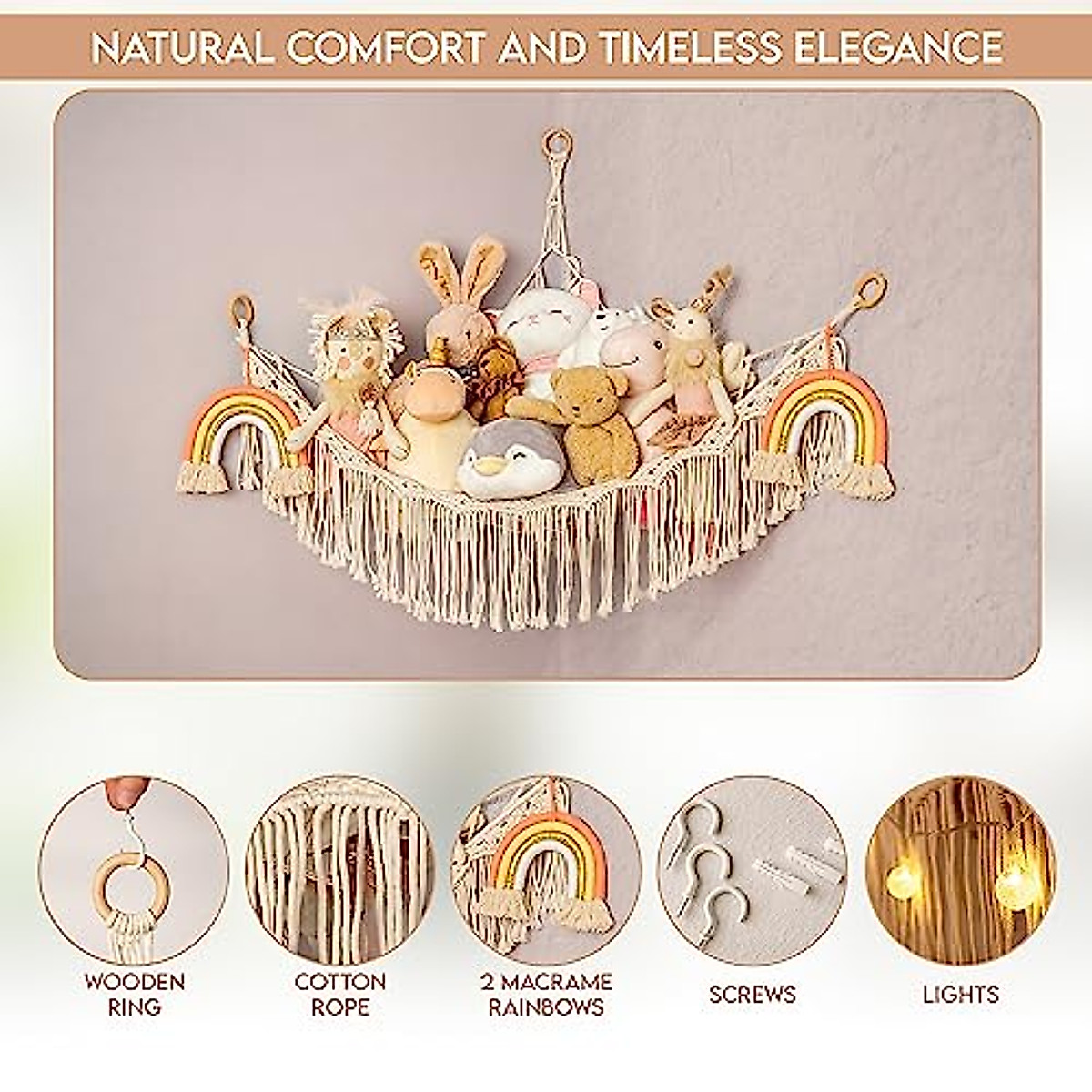 Luna Village Stuffed Animal Hammock, Stuffed Animal Organizer, Plush Toys Net Holder with 2 Macrame rainbows Macrame Toy Hammock, Stuffed Animal Net or Hammock, Stuffed animal net