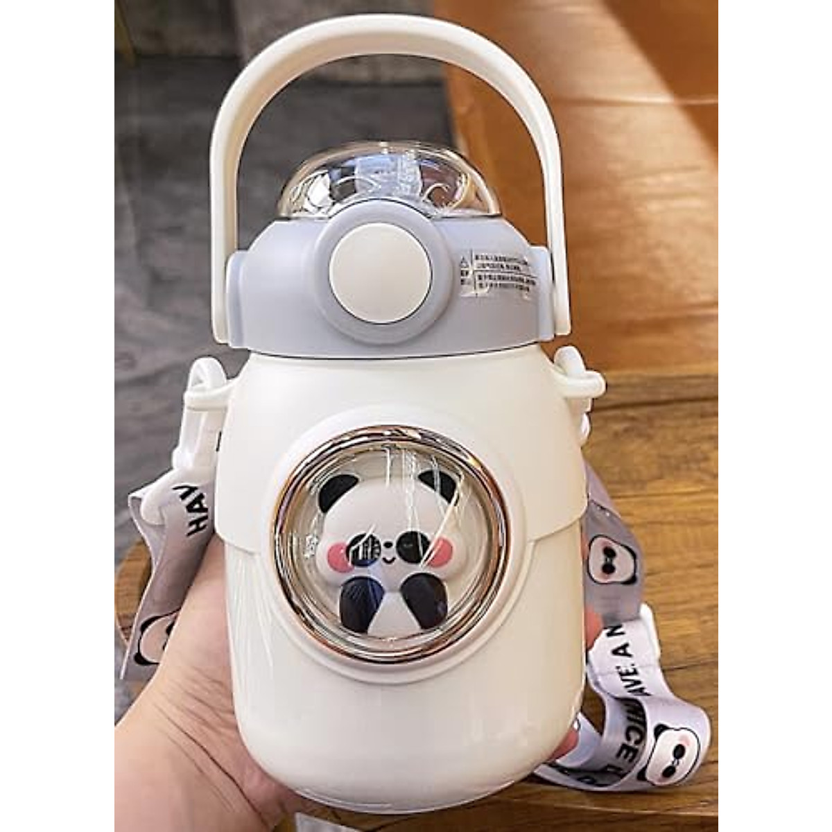 Large Capacity Cartoon Prints Water Bottle with Straw Lid Women Tumblers with Shoulder Strap Stainless Steel Thermal Cup (White 23.6oz)