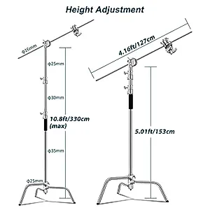 Altson Pro 100% Stainless Steel Heavy Duty C Stand with Boom Arm, Max Height 10.5ft/320cm Photography Light Stand with 4.2ft/128cm Holding Arm, 2 Grip Head for Studio Monolight, Softbox, Reflector
