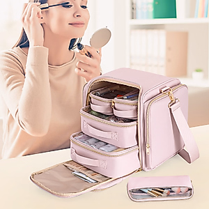 Prokva Travel Makeup Bag with 5 Removable Cases, Large Cosmetic Case Make up Organizer with Strap and Multiple Storage Pockets, Pink (Patented Design)
