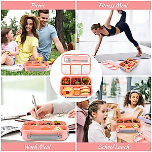 Zezzxu Bento Lunch Box for Kids and Adults, 1300 ML 4-Compartment Bento Box with Accessories, Plastic Lunch Containers Kit, Microwave & Dishwasher & Freezer Safe (Pink)