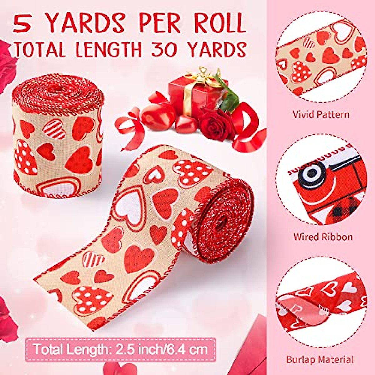 6 Rolls 30 Yards Valentine's Day Ribbons 2.5 Inches Hearts Love Red Wired Edge Ribbon Plaid Truck Burlap Ribbons Gift Wrapping Ribbon Fabric Ribbon for DIY Craft Wedding Party Wreath Bows Decoration