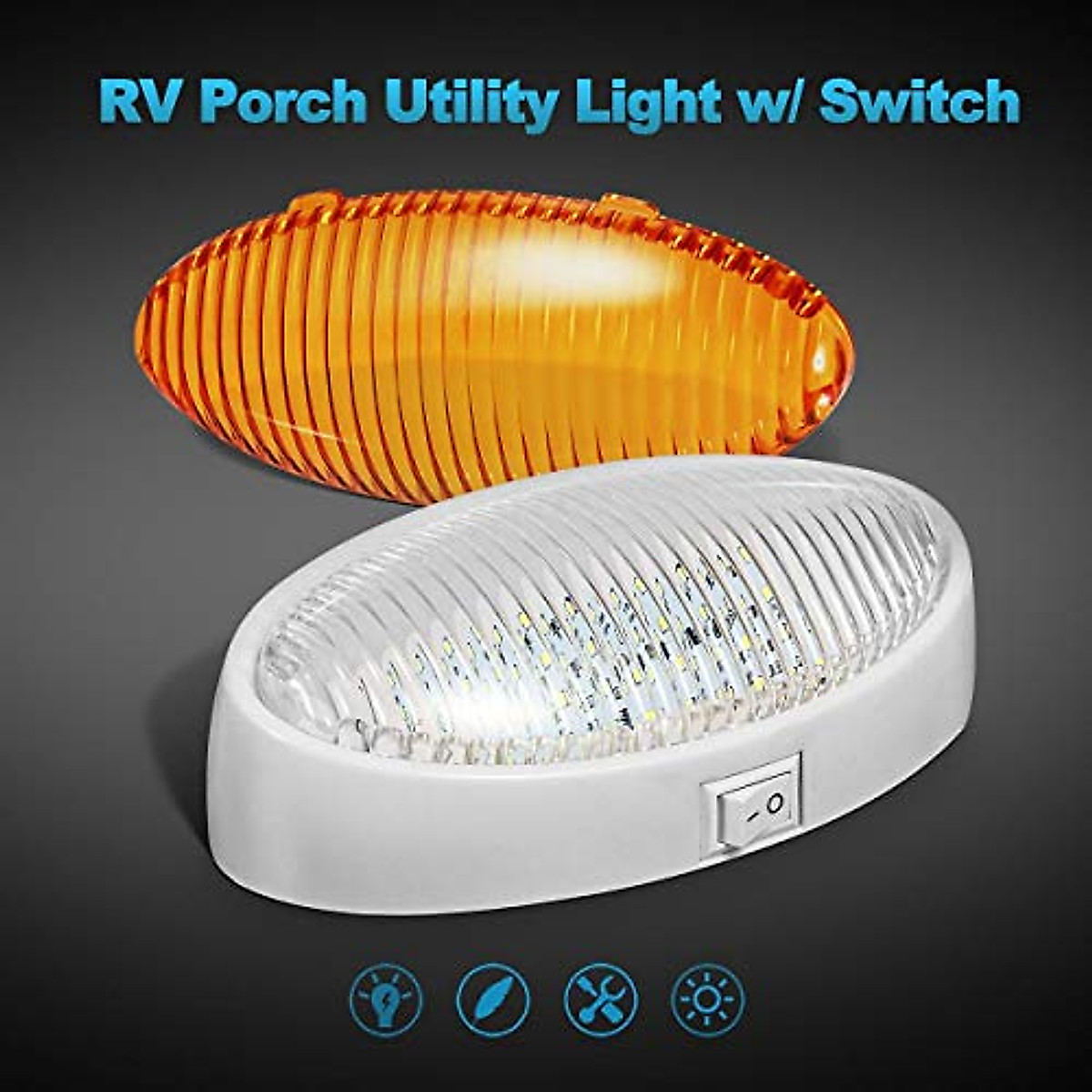 Partsam 2Pcs Oval LED RV Exterior Porch Utility Light w/On-Off Switch 12v Lighting Fixture Replacement Lighting for RVs, Trailers, Campers, 5th Wheels. White Base, Clear and Amber Lens Removable
