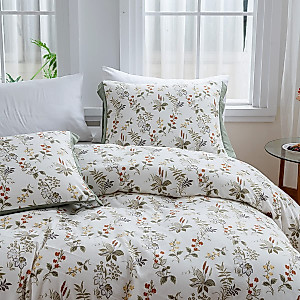 Floral Duvet Cover Queen Size - White Yellow Flowers and Green Leaf Spring Botanical Printed Microfiber Comforter Cover Set - 3PC 90X90 Soft and Lightweight Quilt Cover, Farmhouse Style for Women Men