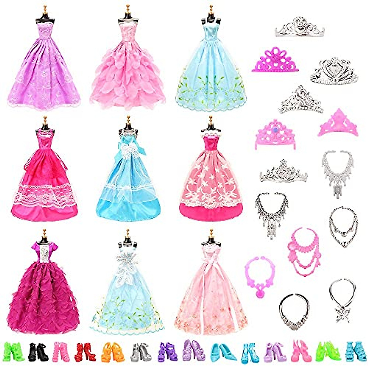 BARWA 10 Pcs Dresses with 17 Accessories Handmade Doll Clothes and Accessories Wedding Gowns Party Dresses for 11.5 inch Dolls