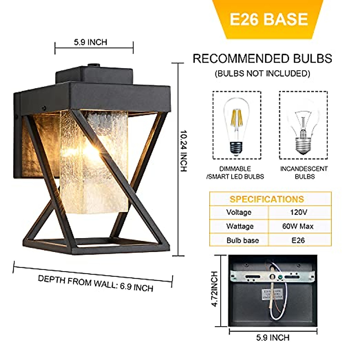 Delicavy Small Outdoor Wall Lights Exterior Light Fixtures Wall Mount Porch Light Waterproof Black Finish with Crackle Glass, Modern Outdoor Wall Sconce for House Garage, Front Door, Patio, Hallway