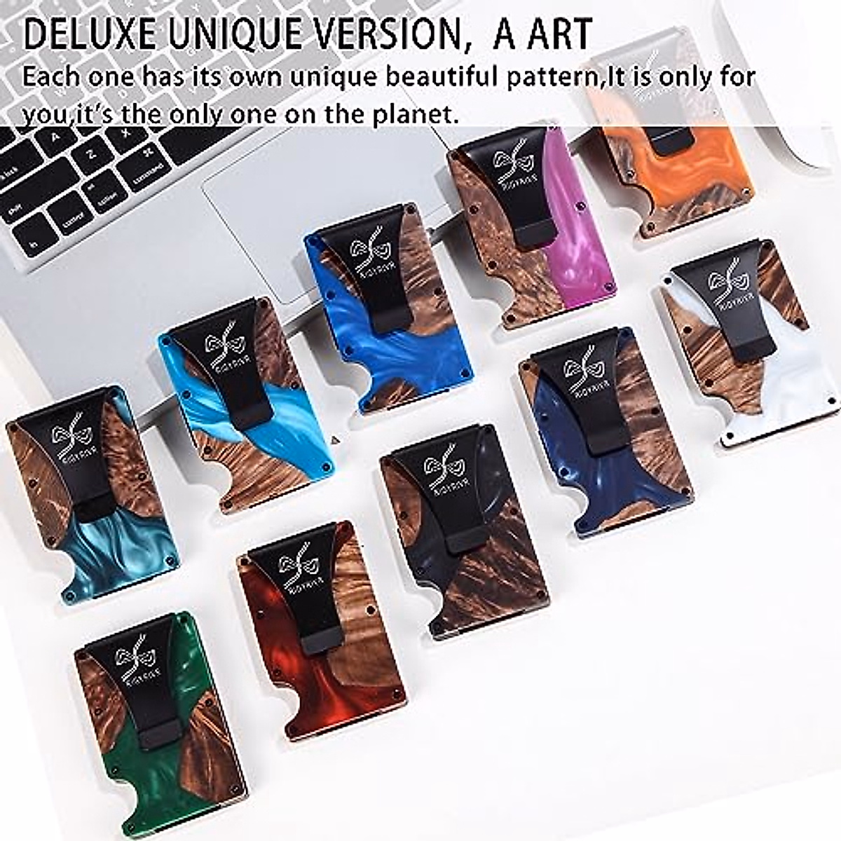 RIGYRIVR Minimalist Slim Wallet for Men - RFID Blocking Credit Card Holder, Wood Wallet With Money Clip, Holds 15 Cards and Cash, Gifts for Men,Unique Pattern,Black