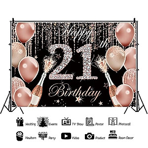 CRTPOD 10x8ft 21th Birthday Backdrop for Photography Rose Gold Balloon Champagne Diamond Glitter Background for Girl Women Birthday Party Cake Table Banner Photoshoot Studio Props