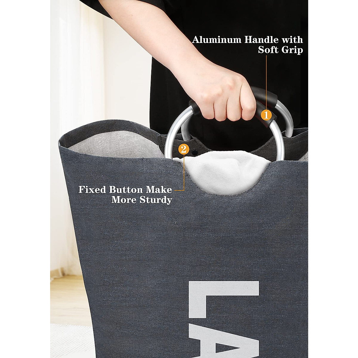 BlissTotes Large Laundry Basket Laundry Hamper Bag Washing Bin Clothes Bag Collapsible Tall With Handles Waterproof Travel Bathroom College Essentials Storage For College Dorm, Family (Grey, L)