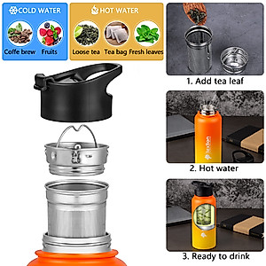 lexlion Water Bottle 32 Oz, Triple Walled Insulated Stainless Steel Reusable, Wide Mouth, Fruit Diffuser-Thermal Leaf Infuser, Silicone Sleeve&Cleaning Brush, 3 Lids Leak Proof, Metal