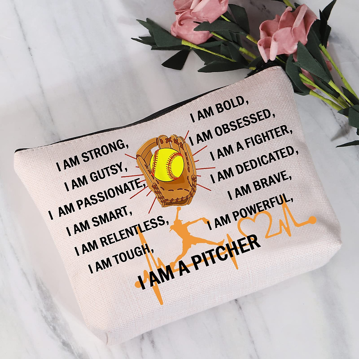 JYTAPP Softball Makeup Bag I Am Strong I Am Bold Softball Player Gift Softball Pitcher Gift Softball Theme Sport Cosmetic Pouch Bag