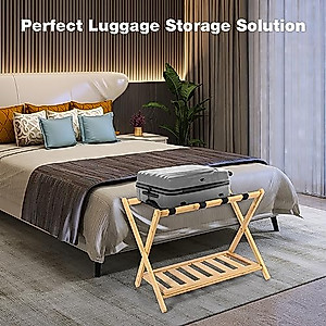 ALAPUR 2 Pack Bamboo Luggage Rack for Guest Room, Folding Luggage Holder with Storage Shelf , Suitcase Stand for Bedroom,Guest Room,Hotel