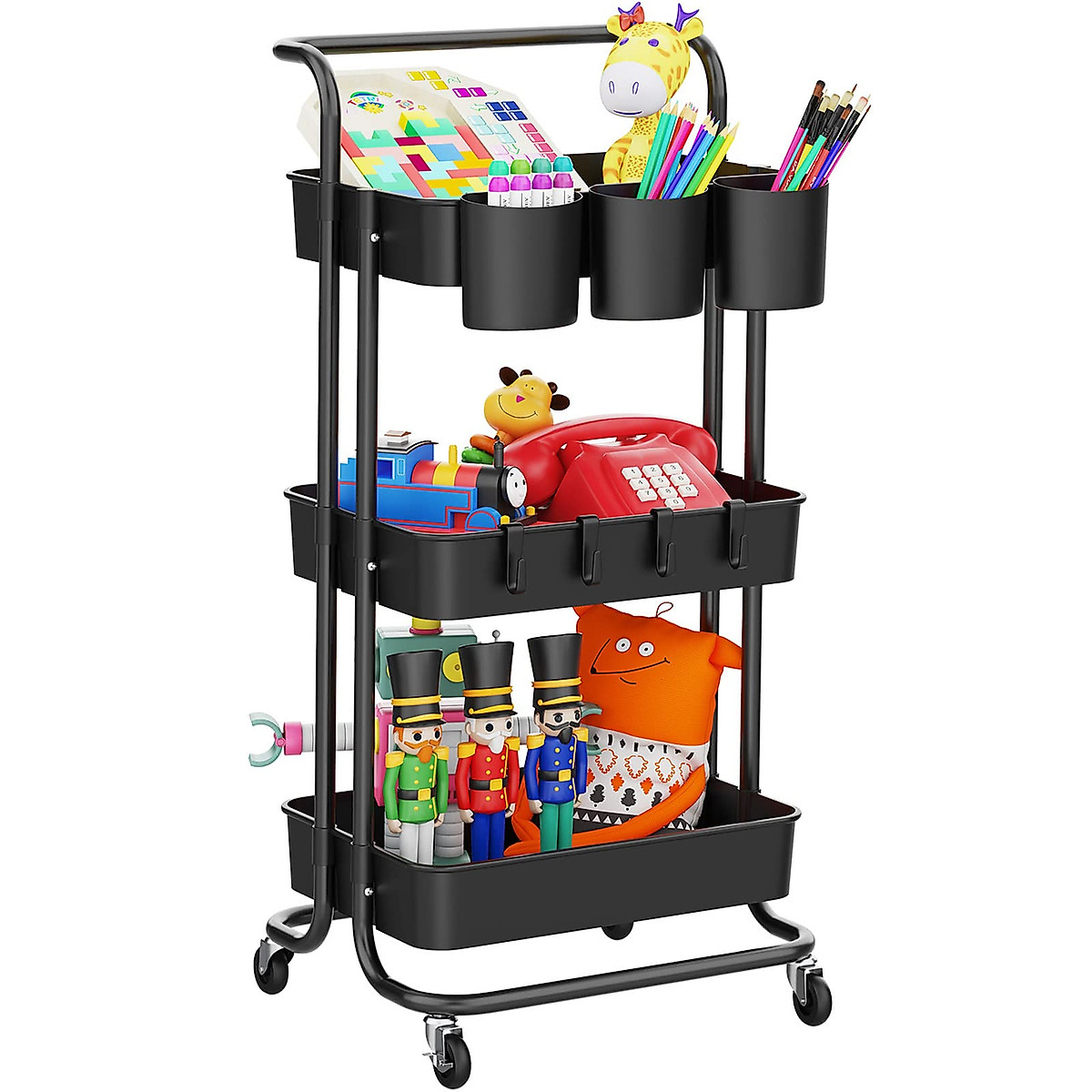 3-Tier Rolling Mobile Utility Cart with Hanging Cups & Hooks & Handle Multifunctional Organizer Storage Trolley Service Cart with Wheels Easy Assembly for Office, Bathroom, Kitchen (Black)