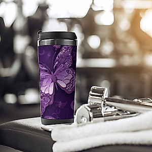 GHBNK Travel Coffee Mug Stainless Steel Insulated Coffee Mug Purple Butterflies Double Wall Travel Coffee Cup Reusable Insulated Tumbler with Lid for Iced And Hot Drinks