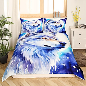Wolf Bedding Duvet Cover Set Galaxy Wolves Howling Kids Bedding Set Animal Wolves Comforter Cover Set for Boys Room Decor Mountain Moon Wolf Space Outer Sky Bedspread Cover Queen With 2 Pillow Case
