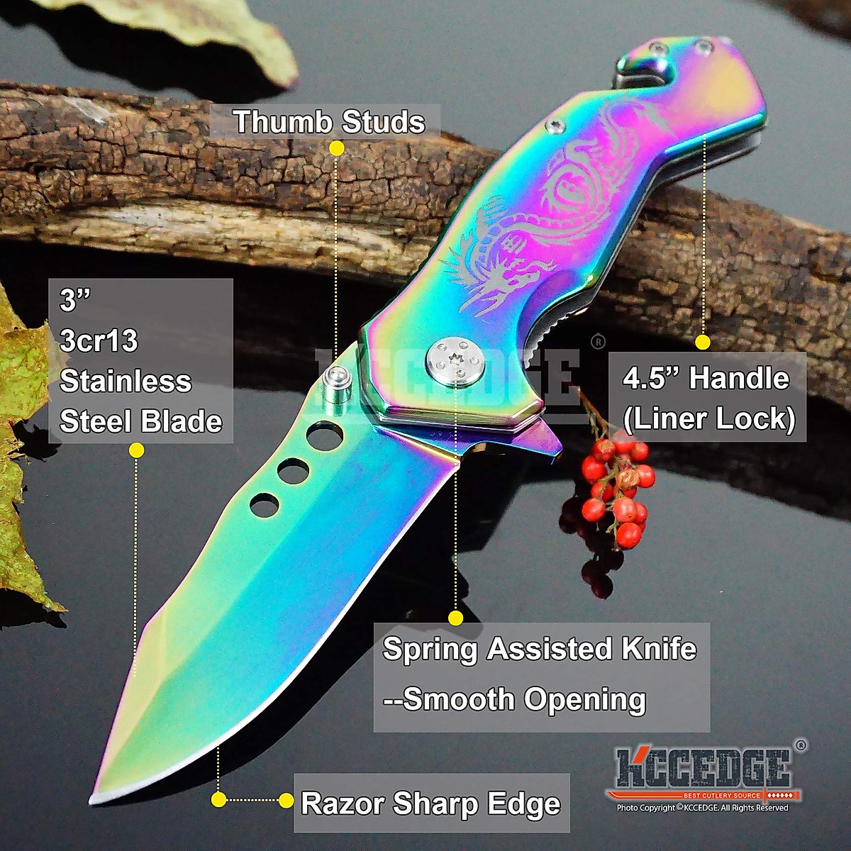 KCCEDGE BEST CUTLERY SOURCE EDC Pocket Knife Camping Accessories Razor Sharp Edge Drop Point Blade Folding Knife Camping Gear Survival Kit 58595 (Pink)
