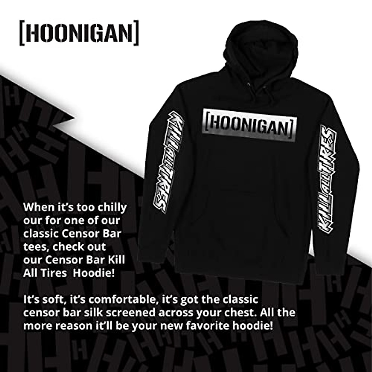 Hoonigan Kill All Tires Fade Pullover Hoodie - Graphic Hooded Sweatshirt with Front Pocket Pouch - Men’s Streetwear for Car Enthusiasts and Gearheads - Official Merchandise Black/Gray M
