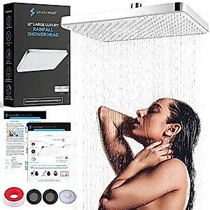 SparkPod 12 Inch Rectangle Rain Shower Head - Ceiling or Wall Mount Rainfall Shower Head - Large Coverage Showerhead - Brass Ball Joint with 360° Adjustment - 1-Min Install (Chrome & White)