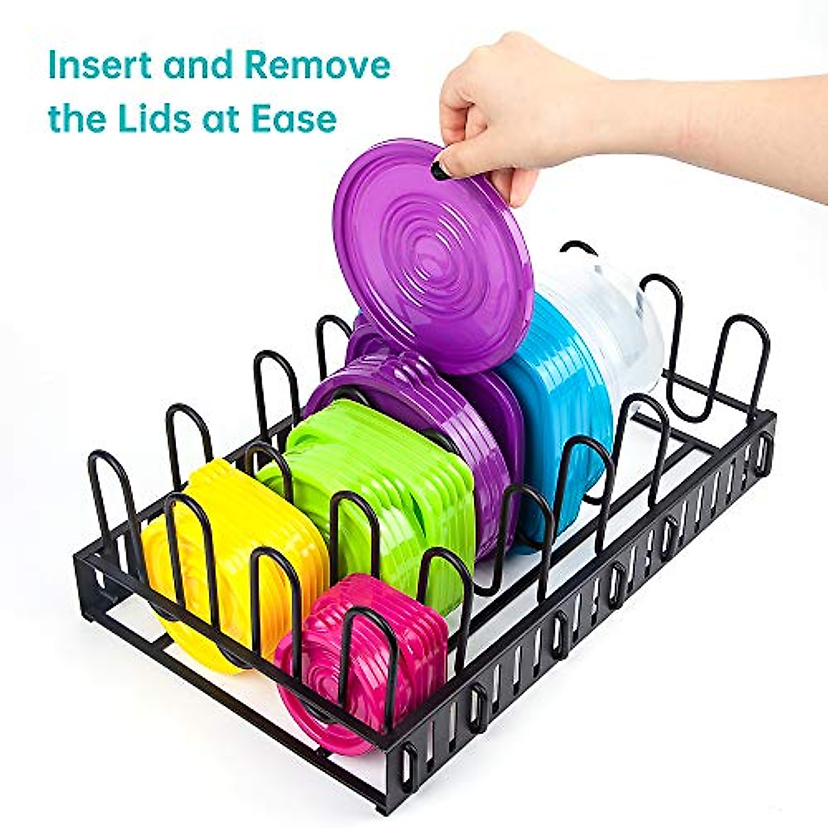 GeekDigg Lid Organizer for Plastic Lids for Cabinet, with 6 Adjustable Dividers & Bathroom Hanging Shower Head Caddy Organizer, Three Tier, Rust Proof Premium Hanger Design With Suction Cups, Hooks