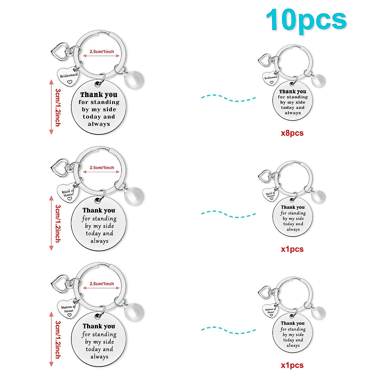 10Pcs Bridesmaid Gifts Keychain Include 8 Bridesmaid Keychain 1 Maid of Honor 1 Matron of Honor Keychain Wedding Gifts for Maid of Honor Bride Tribe Thank You Bridal Party Bachelorette Party Favor