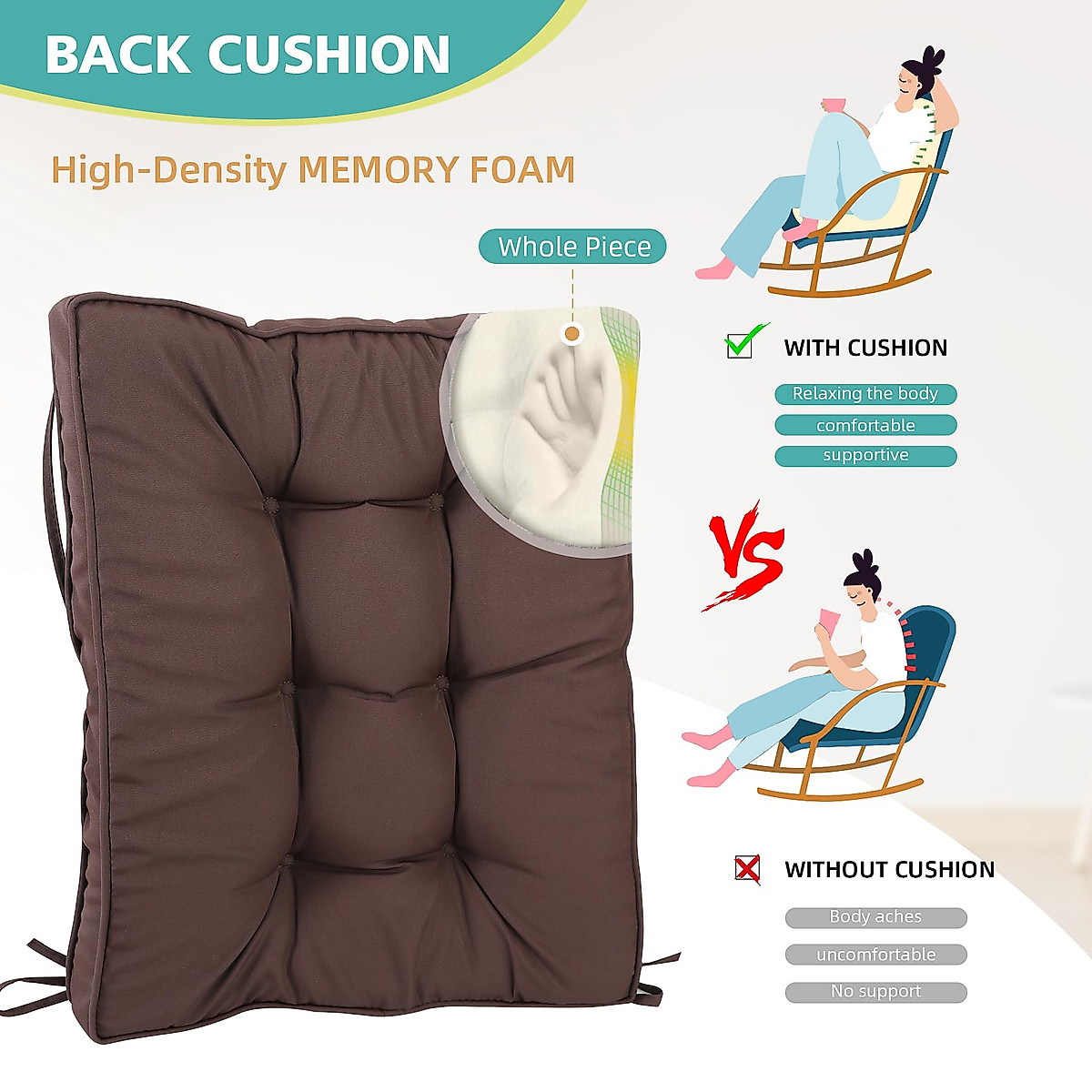 RACE LEAF Rocking Chair Cushion High Back, Non-Slip Patio Chair Cushions Set of Seat & Back Cushion with Ties for Indoor/Outdoor Rocker, Rocking Chair Pads with Memory Foam, Brown