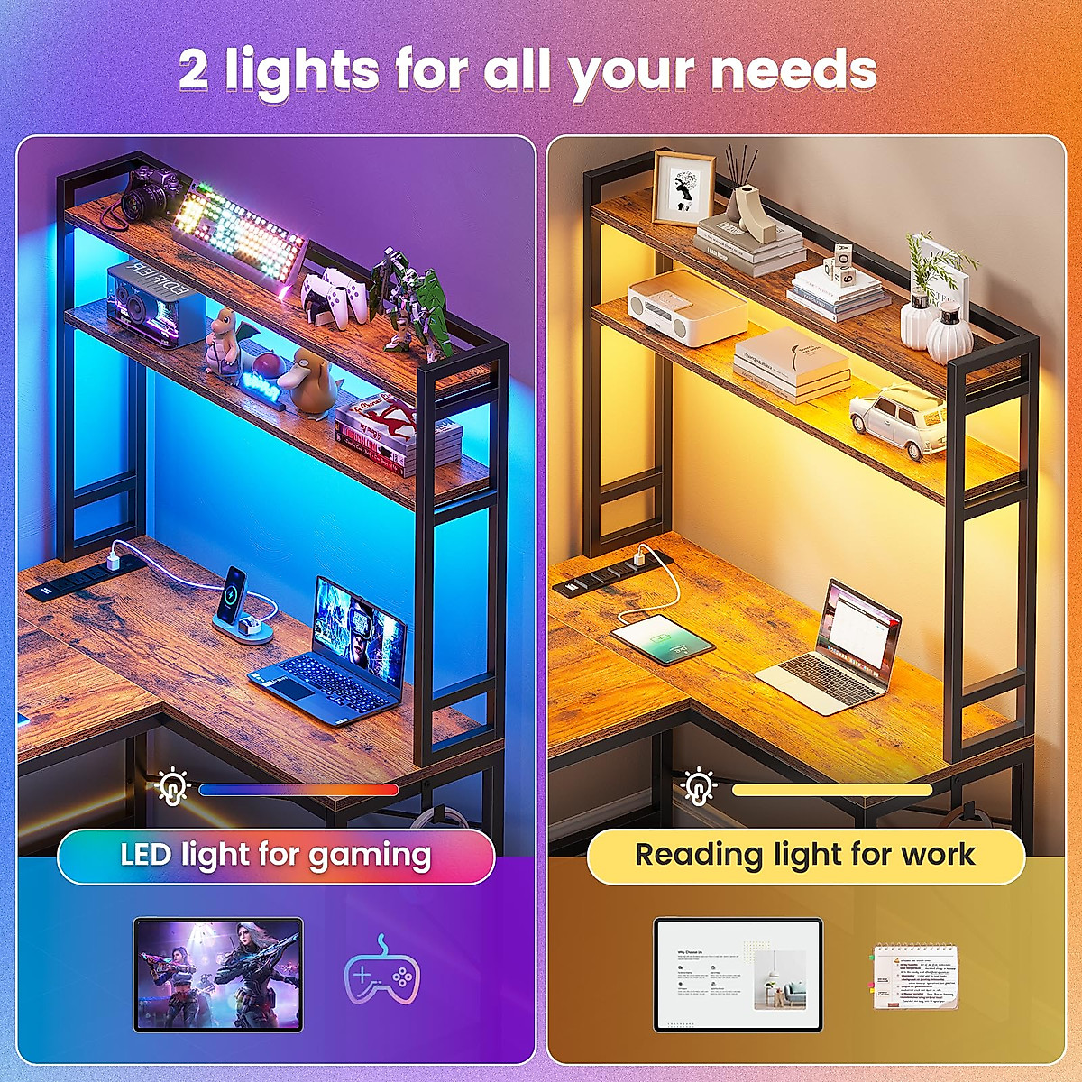 SEDETA L Shaped Desk with Hutch, 45.3” Reversible Home Office Desk, L Shaped Gaming Desk with LED Lights, Power Outlet, Storage Shelves and Hooks for Small Space, Rustic Brown