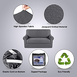 H.VERSAILTEX High Stretch Rich Jacquard 2-Piece Loveseat Slipcover/Furniture Covers for Loveseat with Elastic Bottom, Suit for T Cushion/Box Cushion Spandex Jacquard Fabric, Charcoal Gray