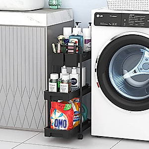 SPACEKEEPER Rolling Storage Cart, Slide Out Bathroom Organizer 3-Tier Laundry Room Organization Shelf Mobile Utility Cart with Hanging Cups, Dividers for Kitchen Bathroom Narrow Spaces, Black