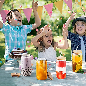 Vozoka Beer Glass Cups with Bamboo Lids and Glass Straw, 6 Set 16 Oz Ice Coffee Glasses, Tumbler Glass Cup, Drinking Glasses Set for Coffee Whiskey Cocktail