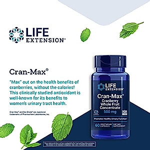 Life Extension Cran-Max 500mg Cranberry Whole Fruit Concentrate Promotes a Healthy Urinary Tract - Powerful Antioxidant - Gluten-Free, Vegetarian, Non-GMO – 60 Vegetarian Capsules