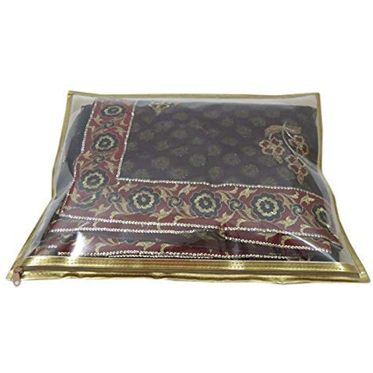 KANUSHI Set of 10 Pc Transparent Saree Covers/Saree Bags/Storage Bags/Clothes Covers with Stainless Steel Zip Lock Combo (Suitable for Single Saree Pack) (Golden)