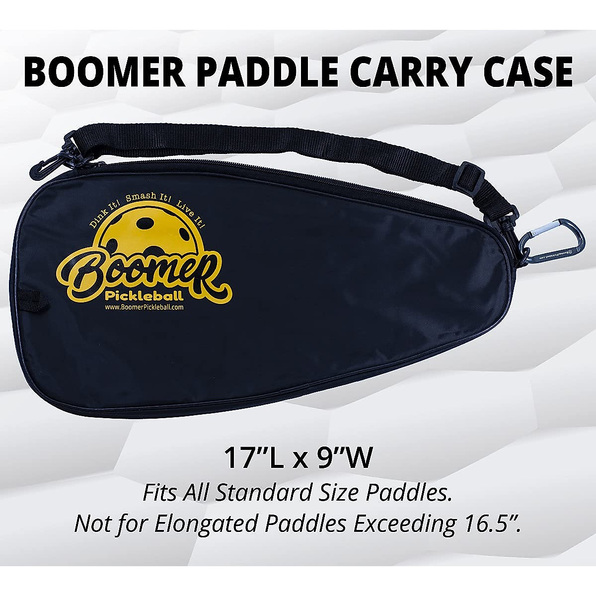 Boomer Pickleball Paddle Carry Case - Keep your paddle clean, dry and protected - Convenient carrying strap and D-clip for attaching to fences and hooks.