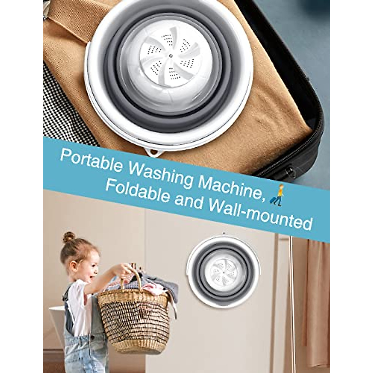 Portable Washing Machine, Mini Washing Machine Ultrasonic Turbine Wash, Mini Portable Washer for Underwear, Sock, Baby Clothes, Travel, Camping, Dorm, RV, Home Foldable Small Portable Laundry Machine