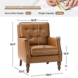 HULALA HOME Faux Leather Accent Chair Set of 2 with Nailhead Trim, Button Tufted Comfy Upholstered Armchair with Removable Cushion, Traditional Single Sofa Chair for Living Room Bedroom Office, Camel